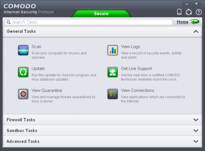 Internet Security Software Tasks Interface, Internet Security v7.0 | COMODO